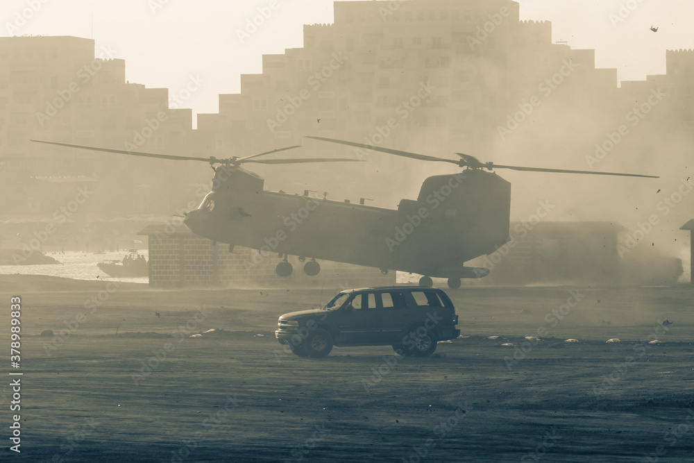 Chinook military chopper takes off in combat and war flying into the ...