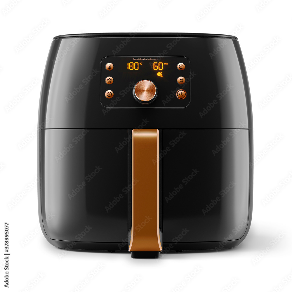 Air Fryer Isolated on White Background. Black Gold Electric Deep Fryer ...