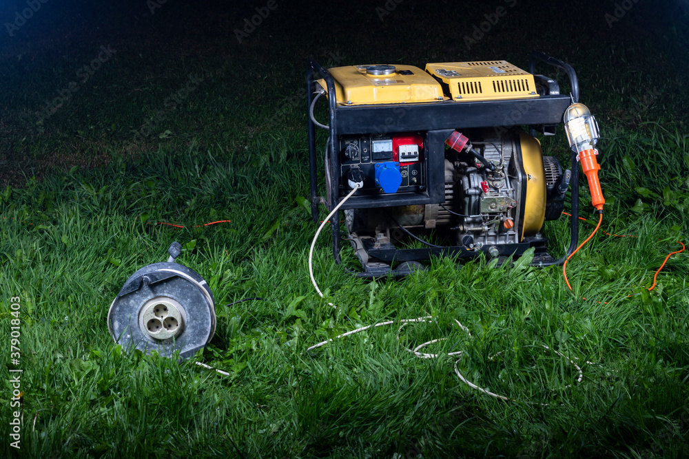 street lighting. night. The generator is yellow. Generates electricity ...