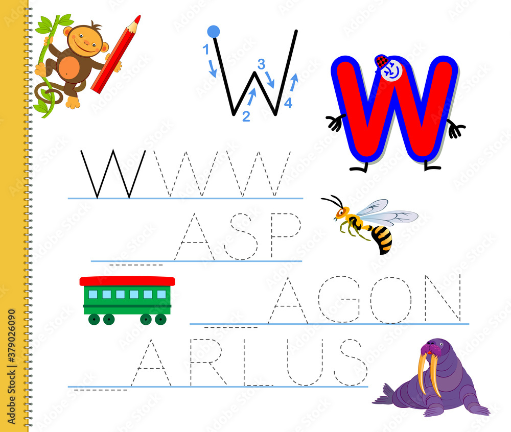 Learn to trace letter W. Study English words. Worksheet for children ...