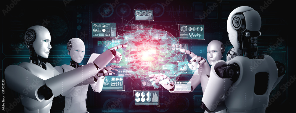 Plakat aI humanoid robot touching virtual hologram screen showing ... Plakat aI humanoid robot touching virtual hologram screen showing ...