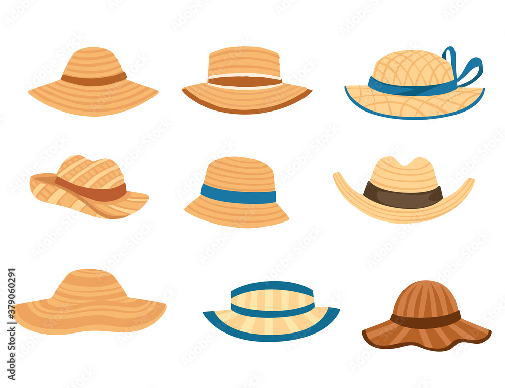 Set of natural summer hay hat with strap and bow flat vector ...