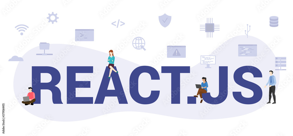 Vetor de react js concept with modern big text or word and people with ...