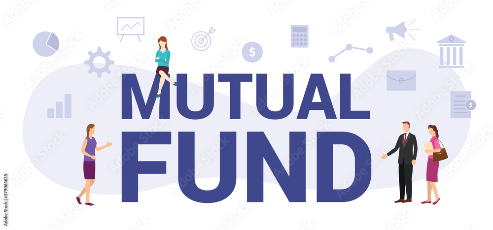 mutual fund concept with modern big text or word and people with icon ...