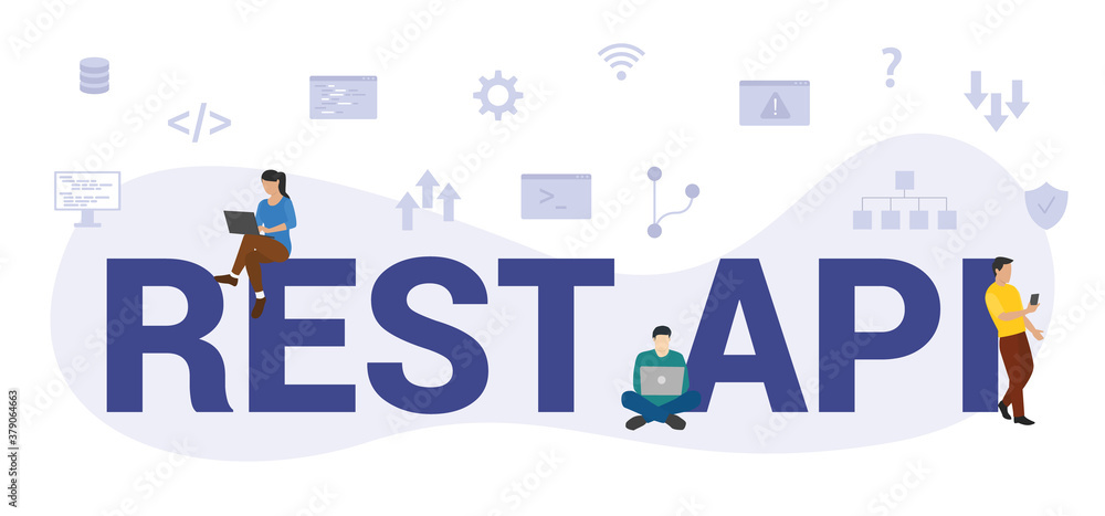 rest api concept with modern big text or word and people with icon ...