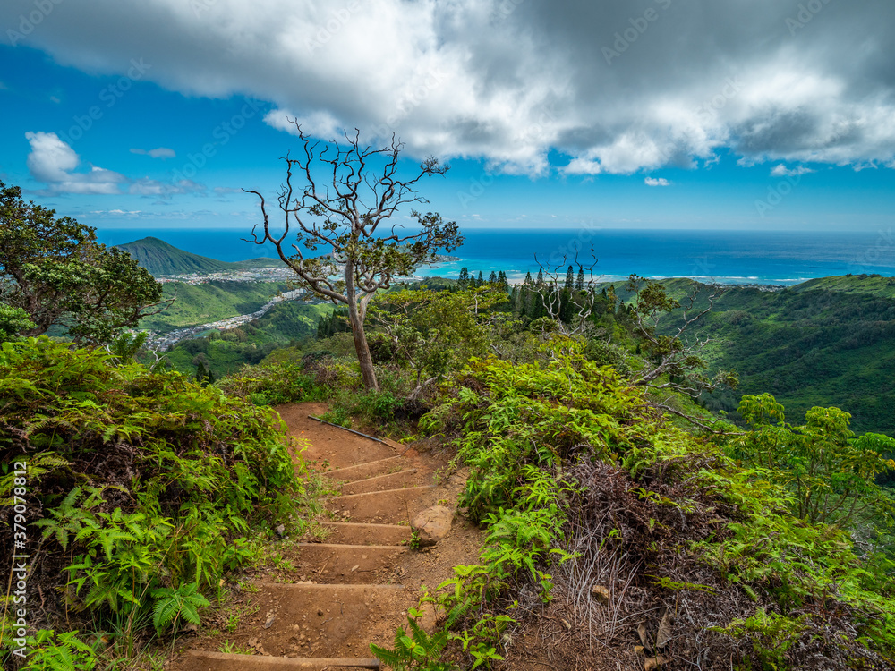 Paths on hills. Blue sky over green mountains. Amazing view of the ...