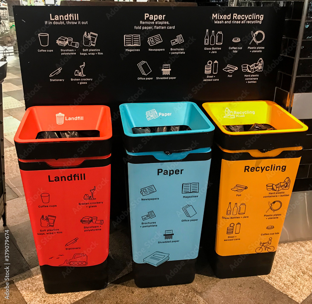 Garbage rubbish bins for paper, glass and general litter with ...