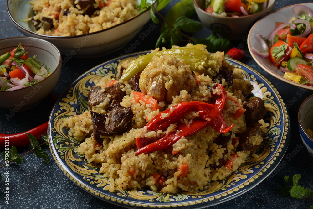 Uzbek cuisine (food) pilaf (plov palov osh) salad achichuk (achuchuk ...