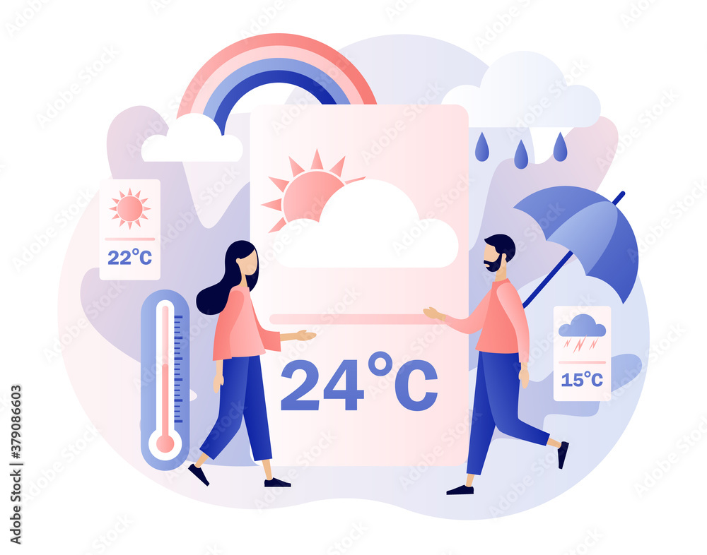 Weather forecast online. Tiny people watching the weather forecast for ...