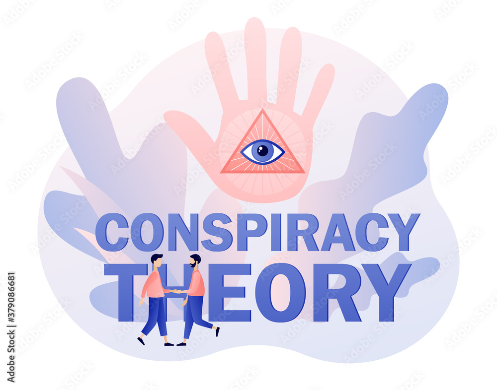 Conspiracy theory - text. Pyramid with all-seeing eye on big hand and ...