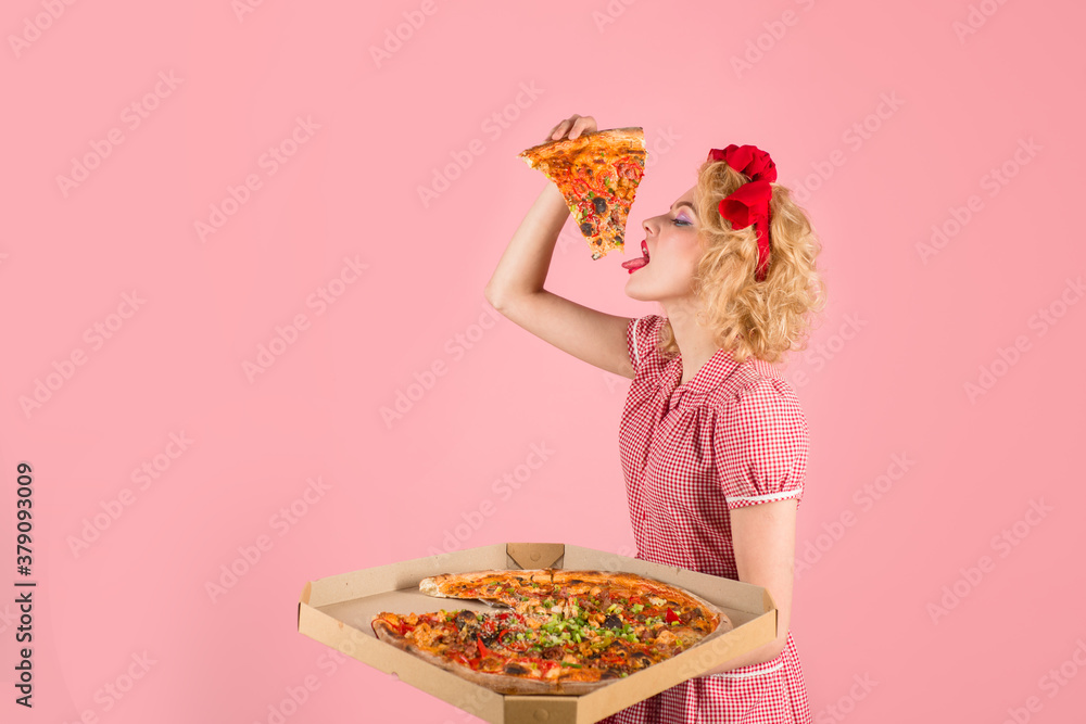 Foto de Italian food. Fast food. Woman with slice of pizza. Woman with ...