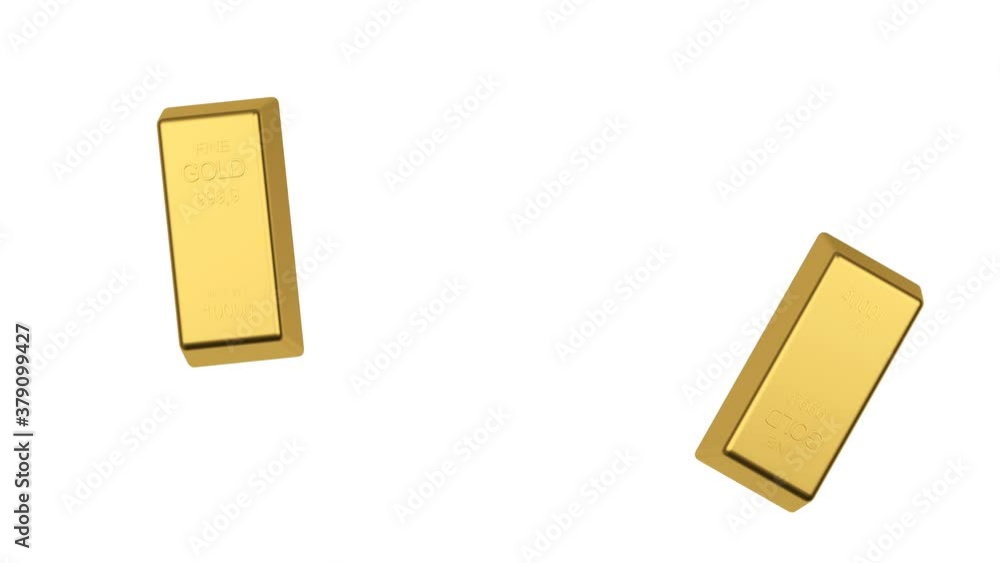 3D animation two gold bars rotate in different directions on a white ...