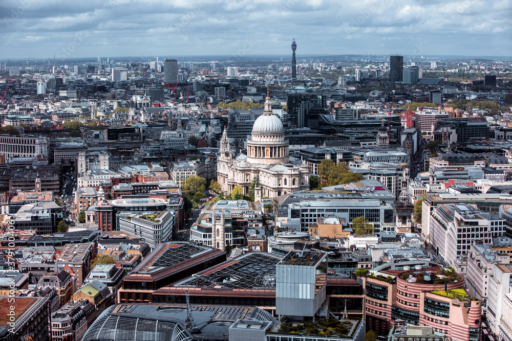 City of London West side view with lots of office buildings, St. Paul's ...