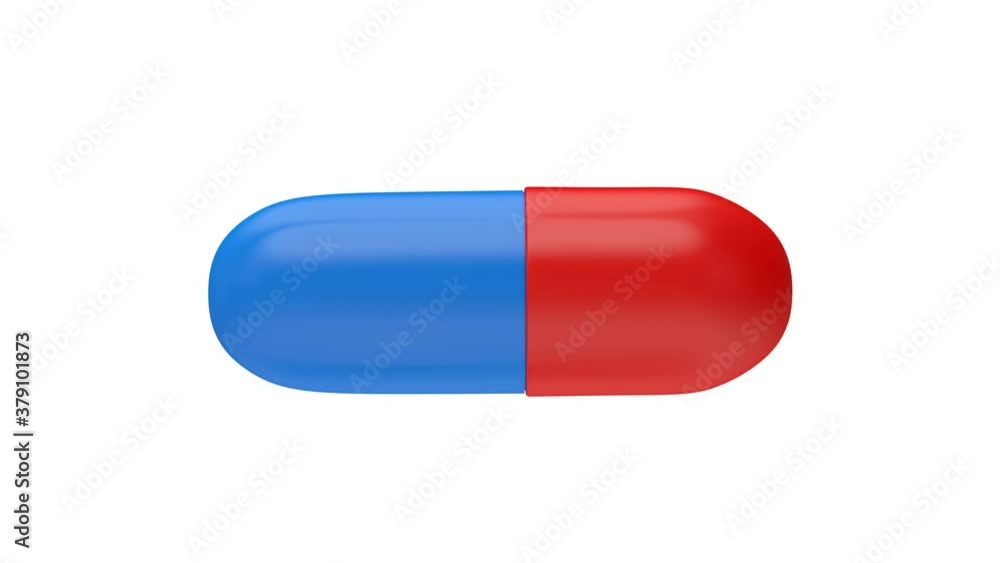 3D animation of a red and blue medical capsule rotates on a white ...