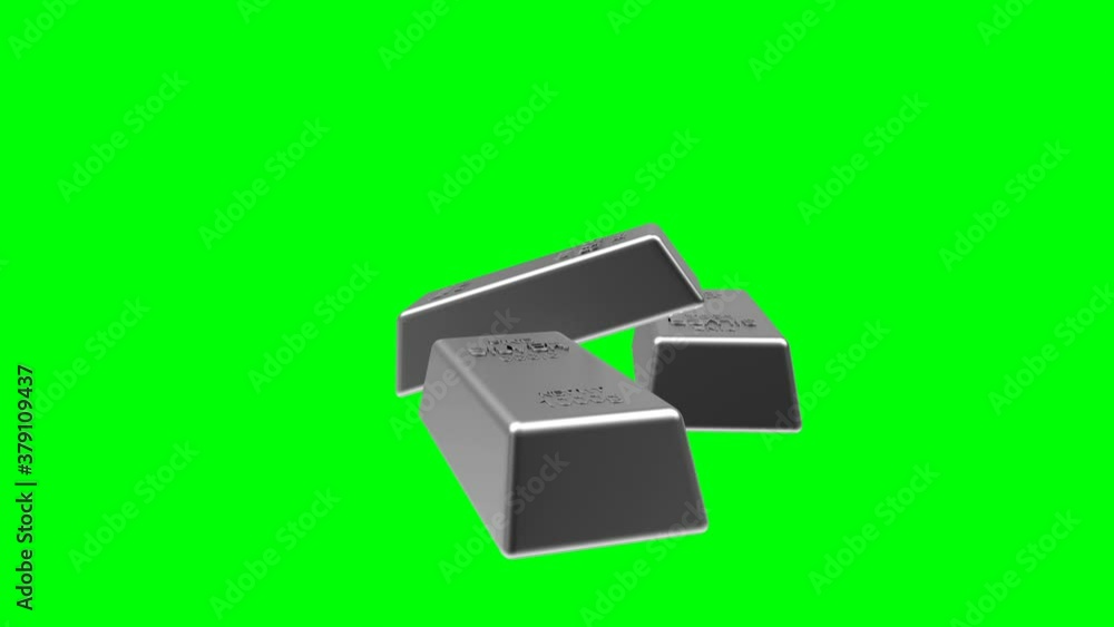 3D animation of rotation of piles of silver bars isolated on a green ...