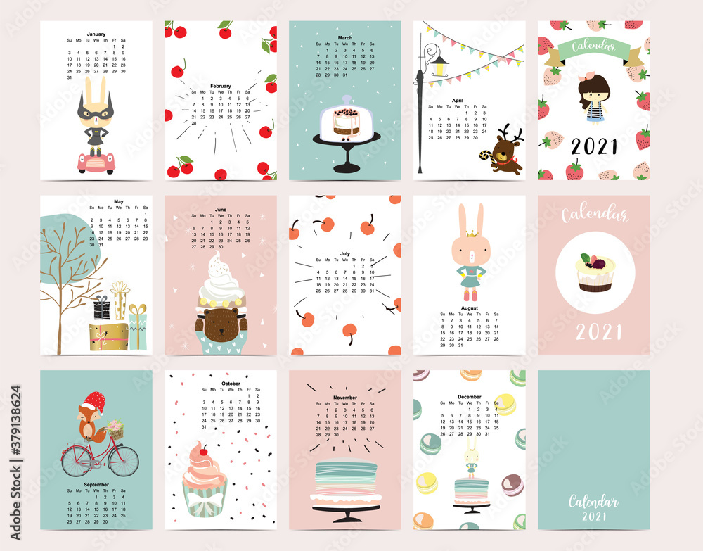 Cute animal calendar 2021 with rabbit, fox, bear for children, kid ...