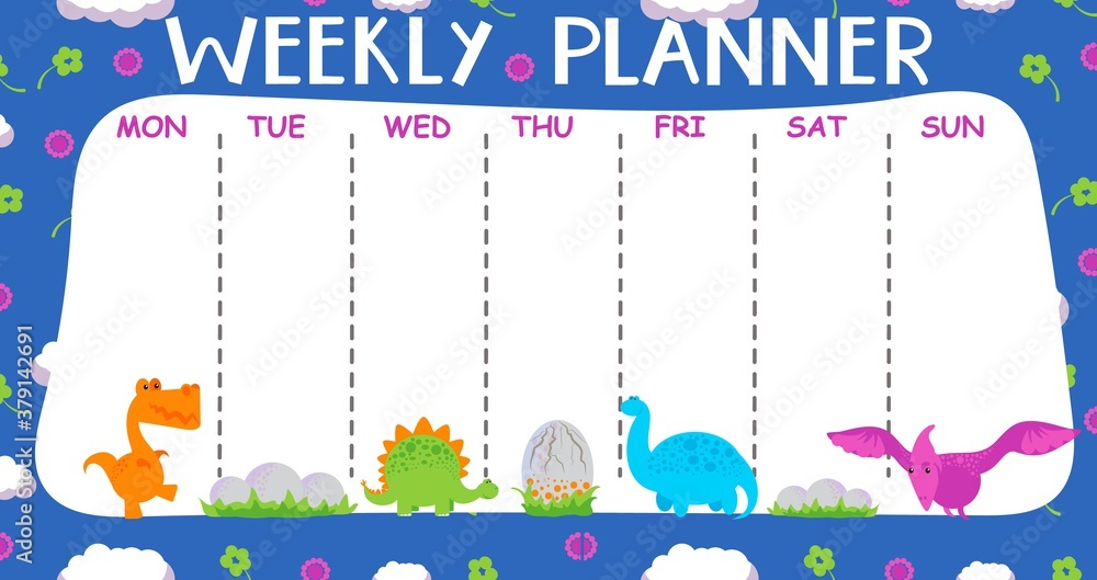 Weekly calendar planner page. Dinosaurus set. Funny dino characters ...