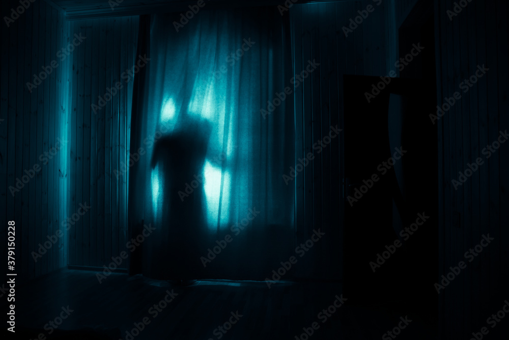 Horror woman in window wood hand hold cage scary scene halloween ...