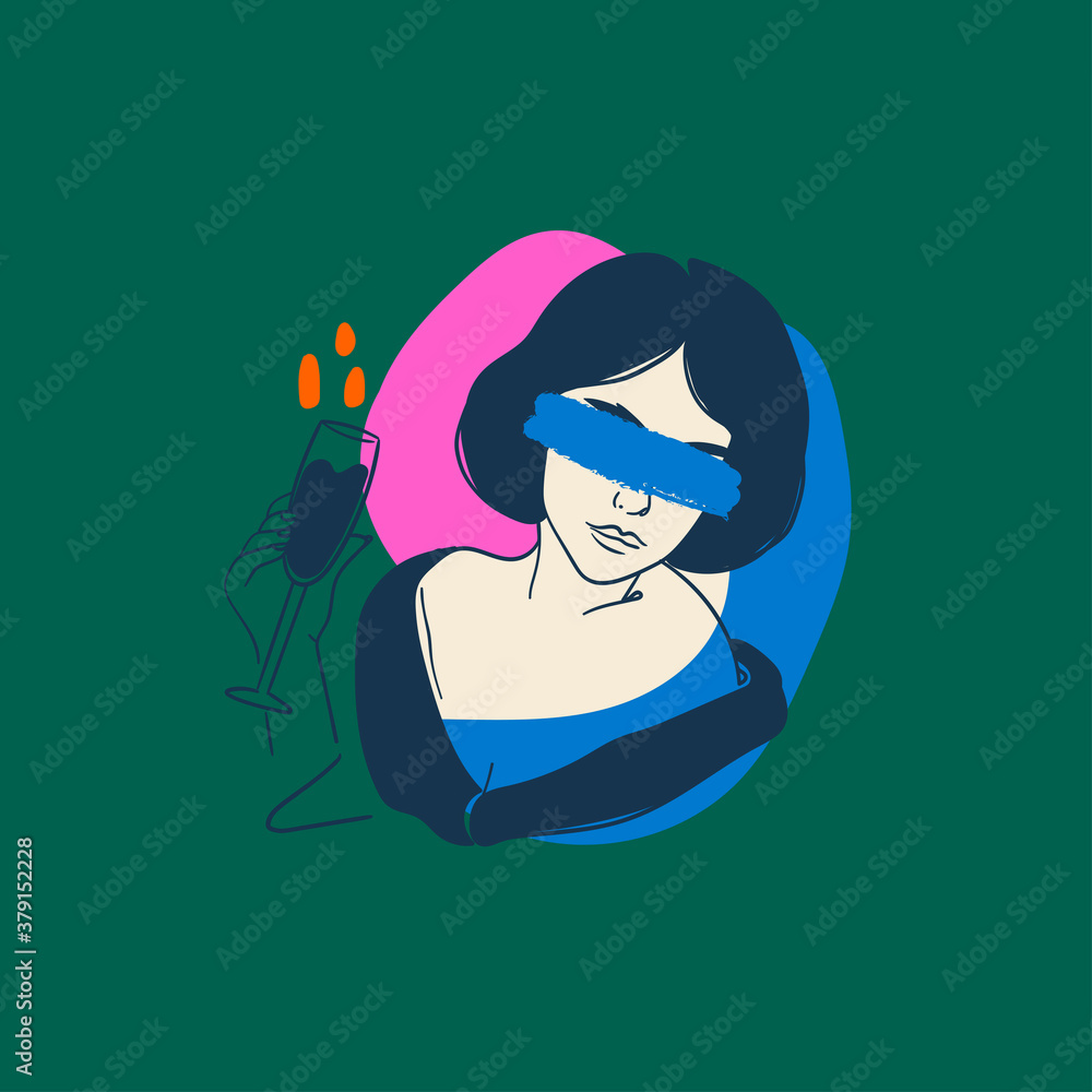 Hand drawn portrait of beautiful lady with champagne glass. Pretty ...
