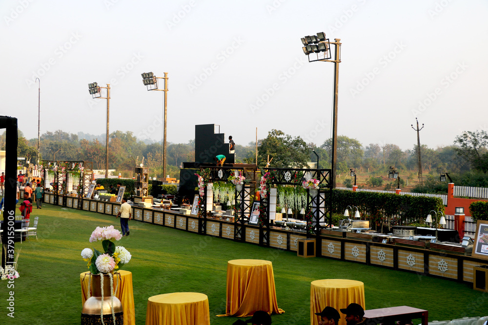 image of wedding stage getting ready before event in open party plot ...