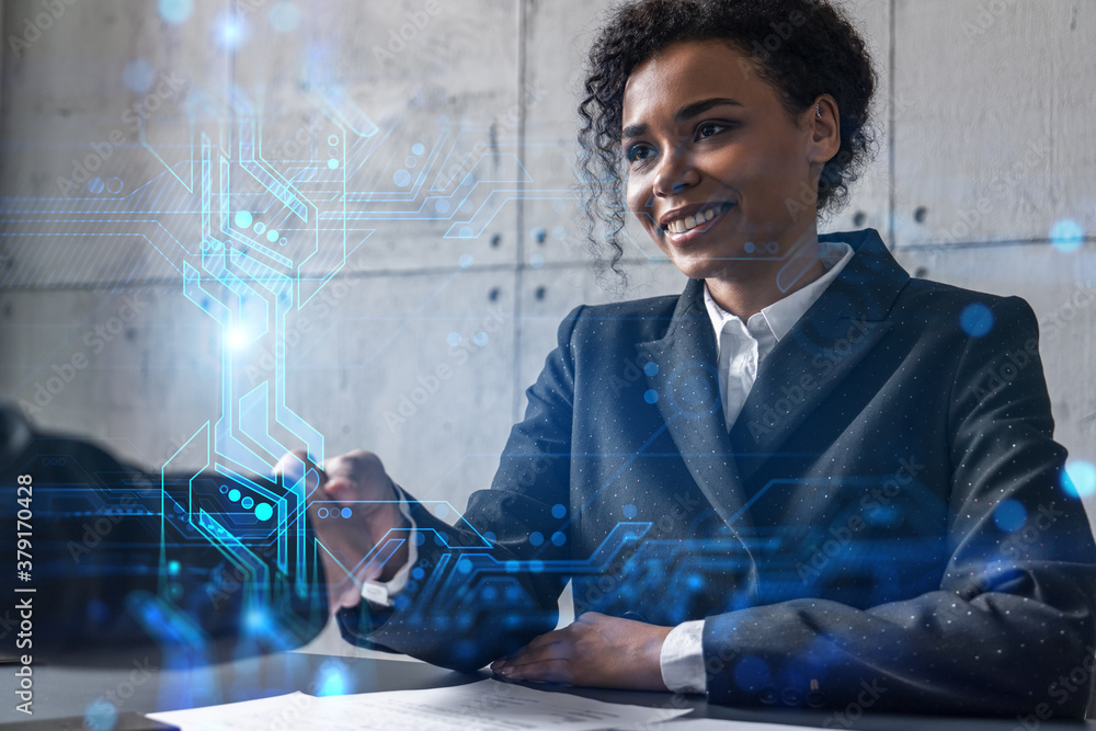 Black woman handshake. Techbology concept hologram. Multiexposure ...