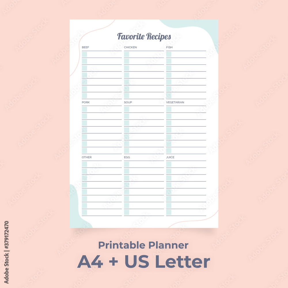 Minimalist Favorite Recipes Printable Planner, Family Food List Custom ...