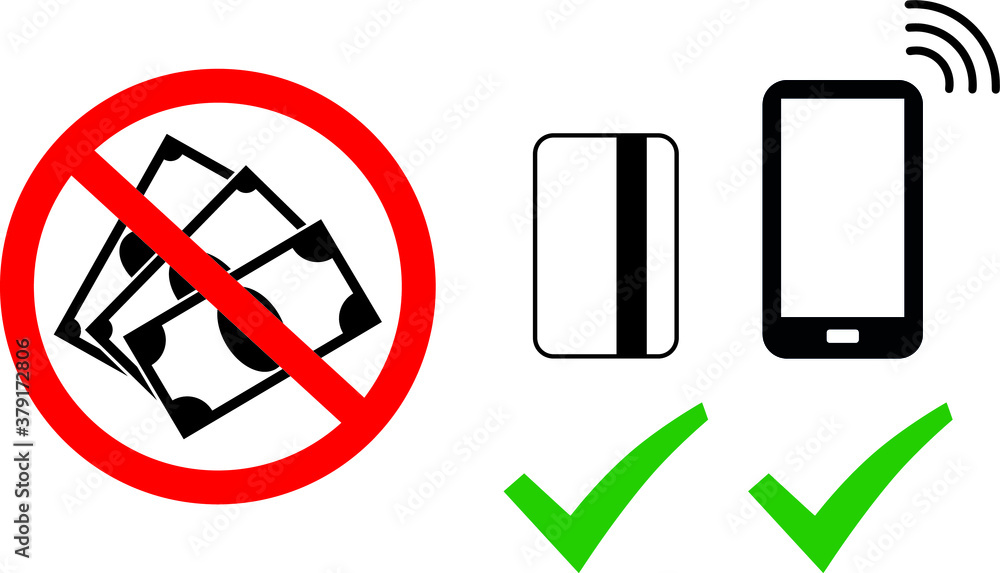 Cashless - No cash, only card and mobile phone payment option sign ...