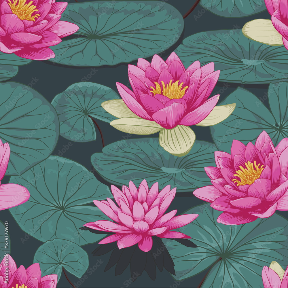 Seamless Pink Water Lilly (Lotus) Flowers with Green Leaves on Water ...