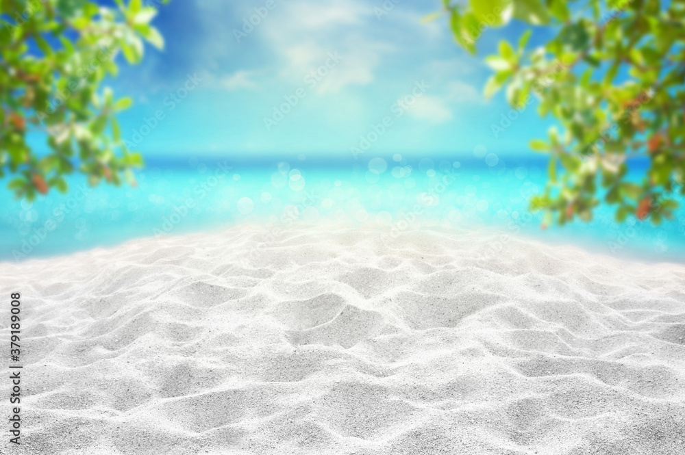 Tropical white fine sandy beach with blured sea background and empty ...