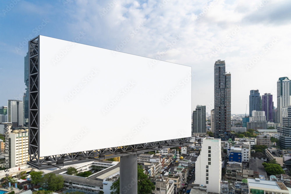 Blank white road billboard with Bangkok cityscape background at day ...