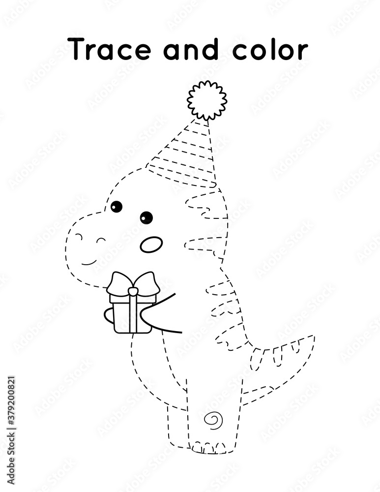 Printable activity worksheet - trace and color. Cartoon dinosaur T-rex ...