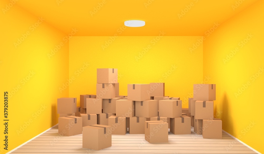 Card board boxes in yellow room store. Relocation and moving packing ...