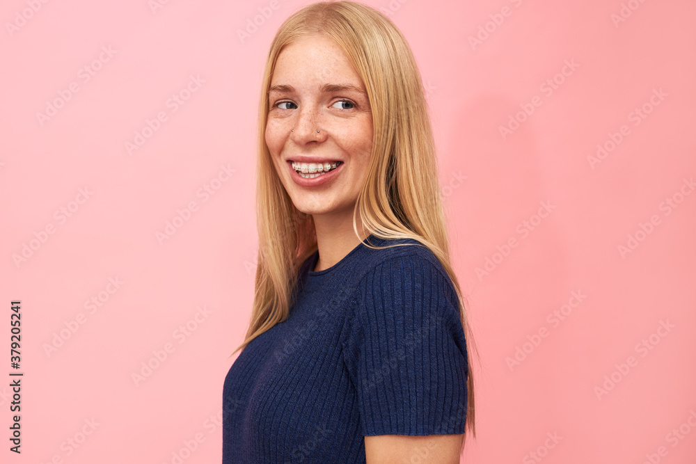 Positive human facial expressions, emotions, reaction and feelings. Portrait of cute charming 20 ...