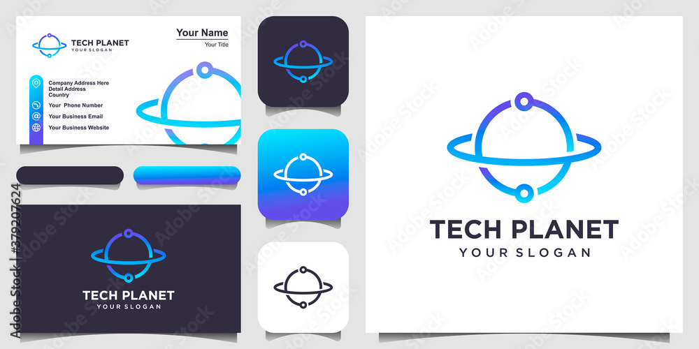 planet technology with line art style, logo and business card design ...