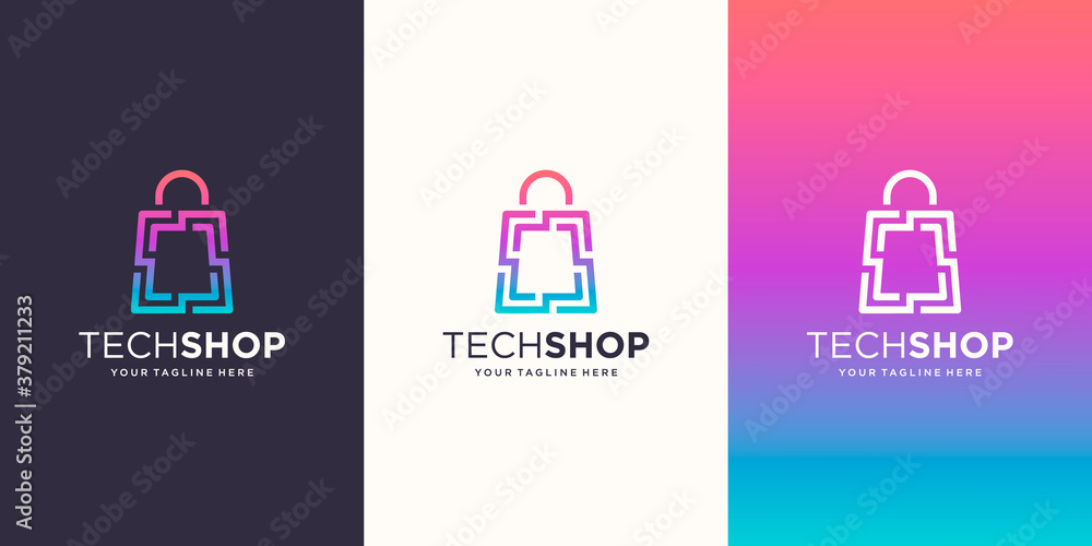 technology shop Logo designs Template. circuit combined with bag line ...