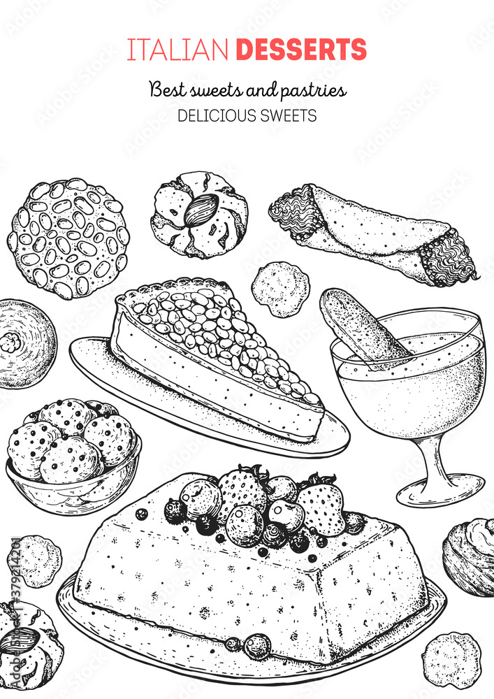 Italian dessert vector illustration. Italian sweet hand drawn sketch ...