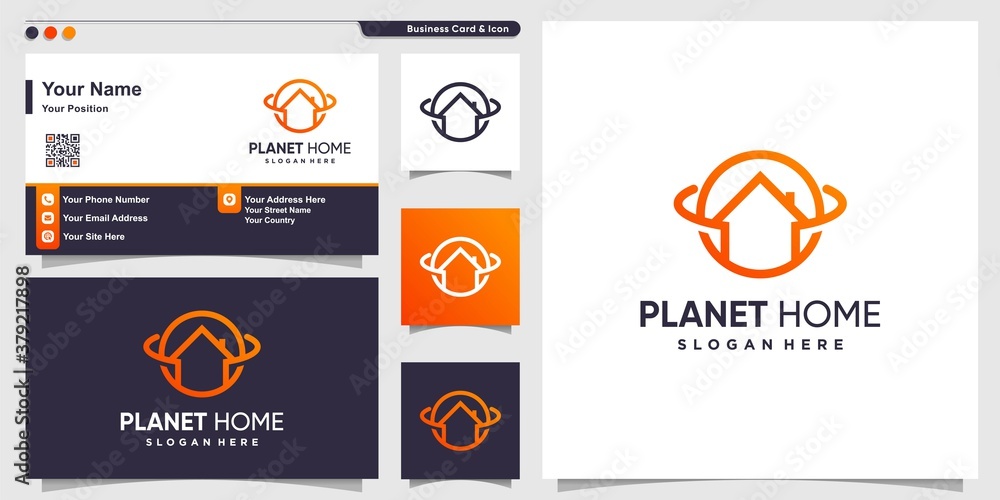 Planet logo with home line art style and business card design, house ...