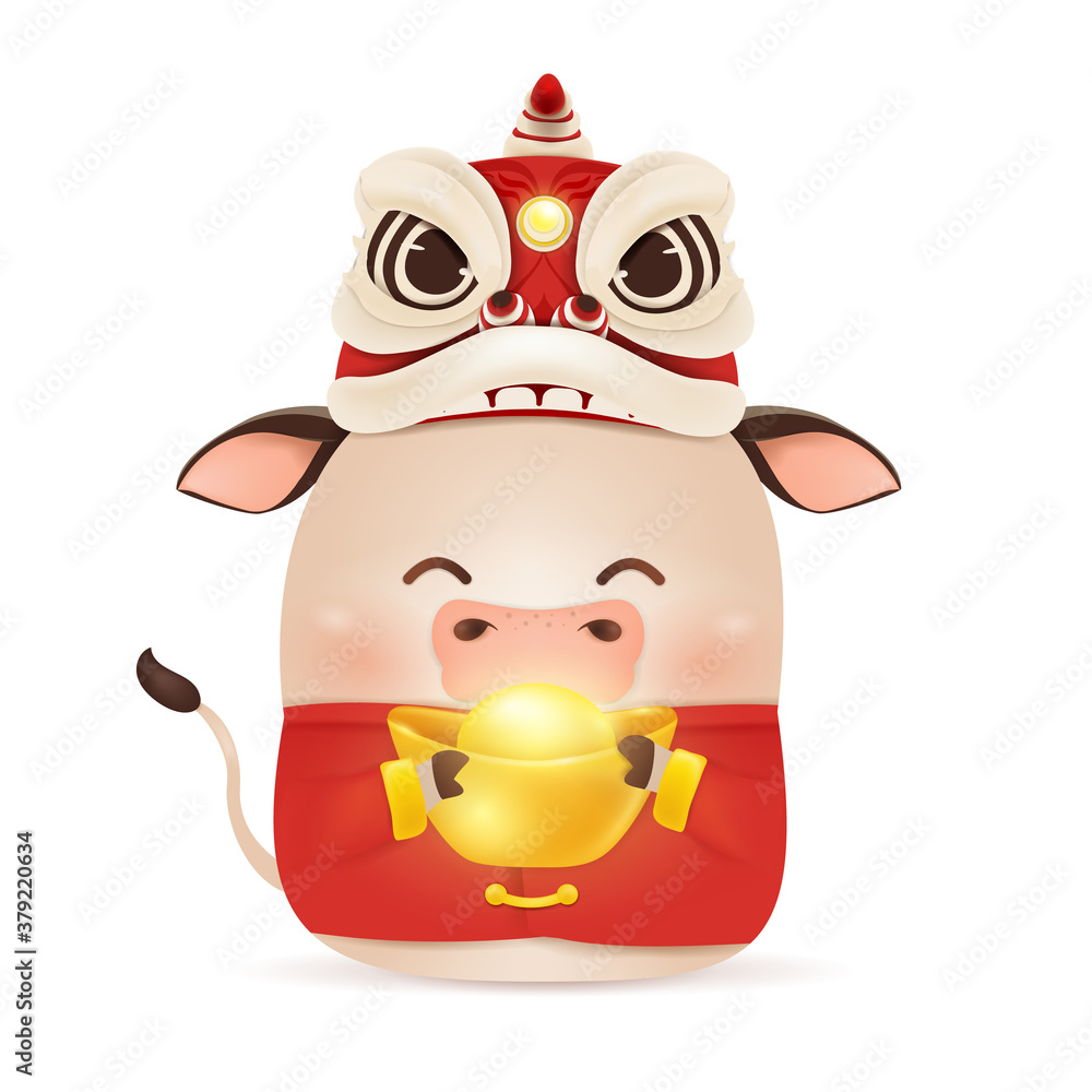 Happy Chinese New Year 2021. Cartoon Little Ox character design with ...