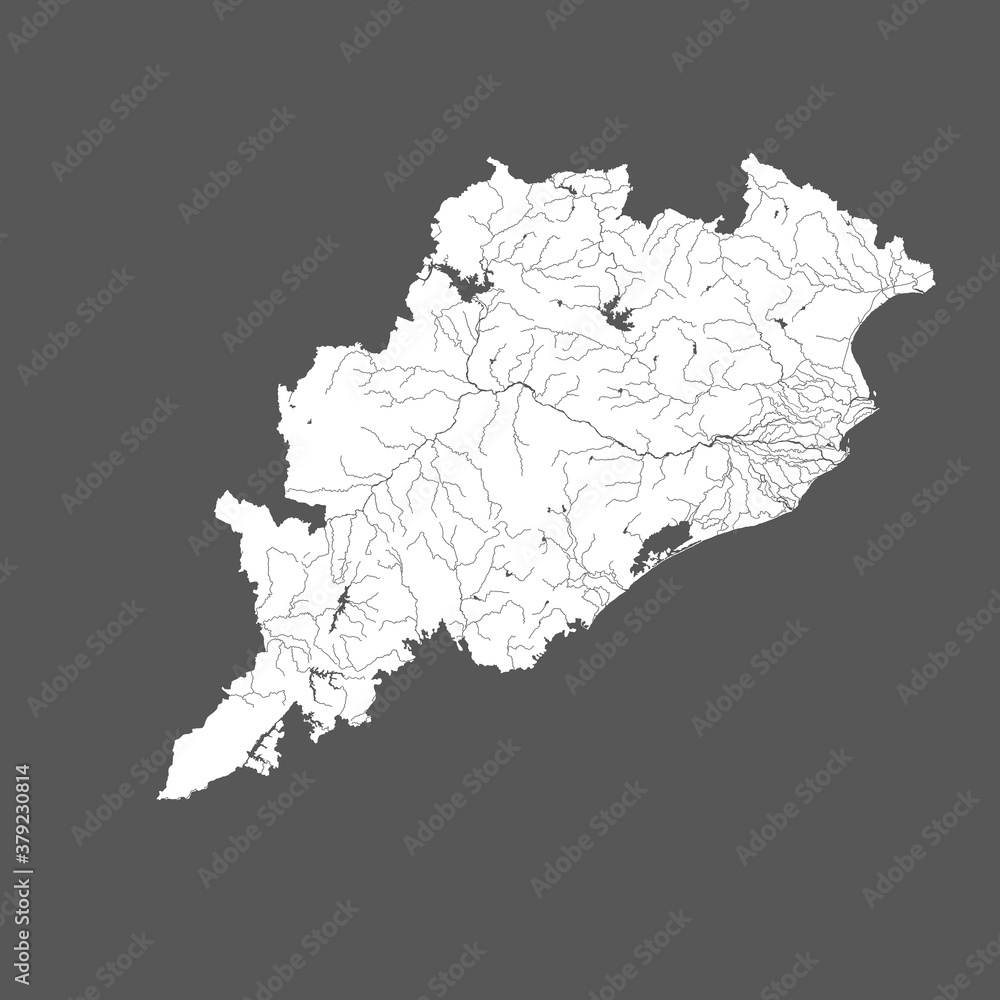 India states - map of Odisha. Hand made. Rivers and lakes are shown ...