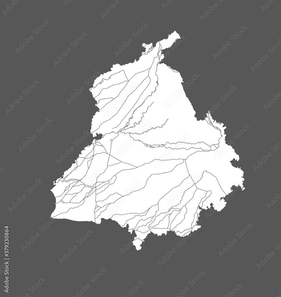 India states - map of Punjab. Hand made. Rivers and lakes are shown ...