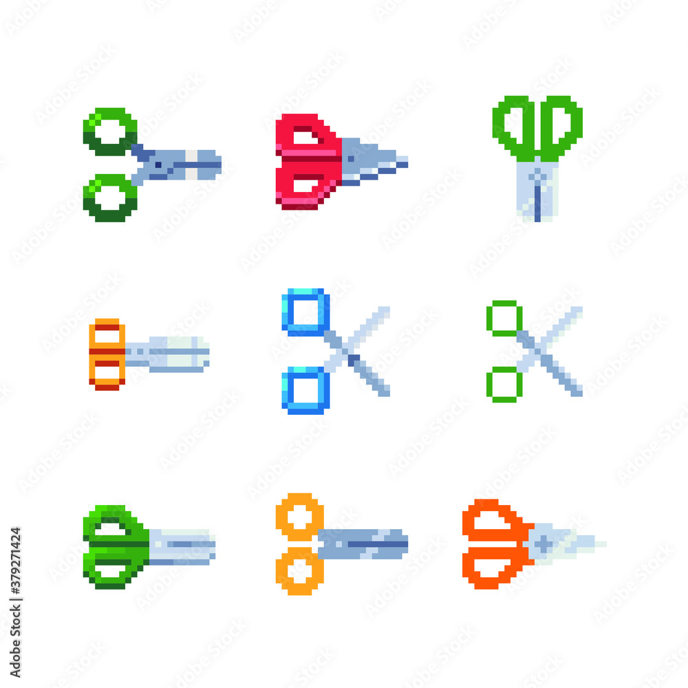 Vecteur Stock Pixel art style scissors icons set. Logo for the ...