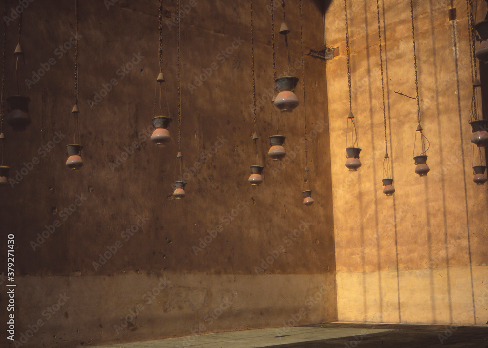 Hanging lamps on exterior of Mosque of Sultan Hassan in Cairo, Egypt ...