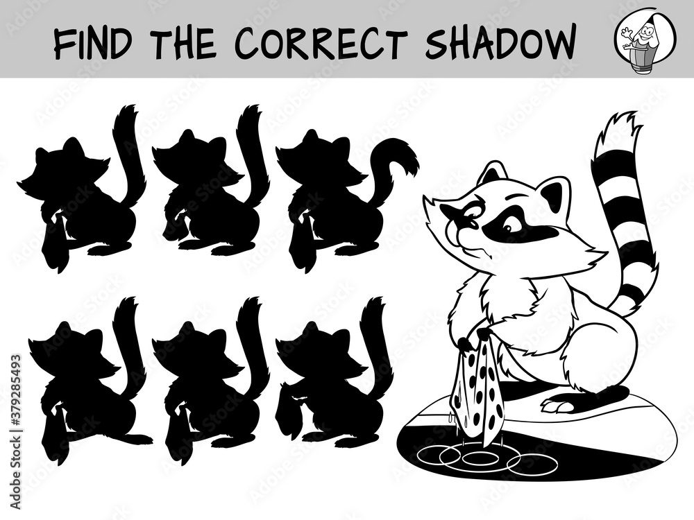 Funny raccoon. Find the correct shadow. Educational matching game for ...