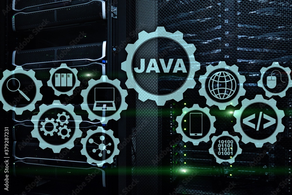 Java Programming concept. Virtual machine. On server room background ...