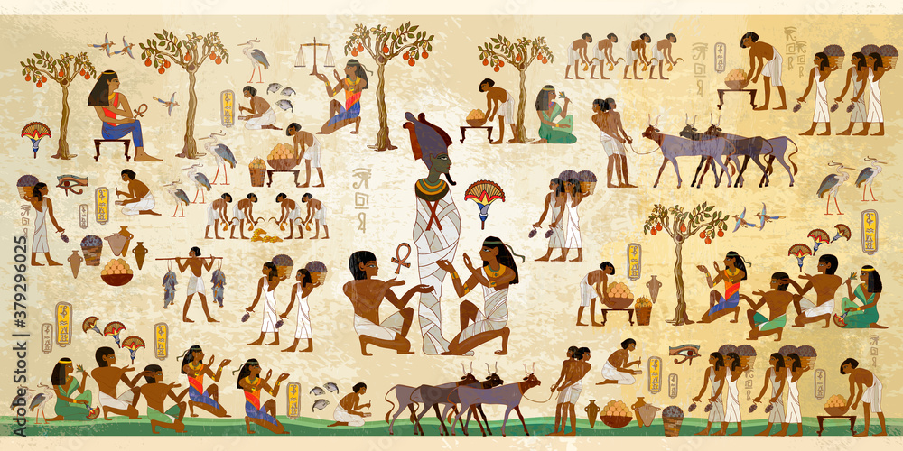 Life in ancient Egypt, frescoes. Egyptians history art. Hieroglyphic ...