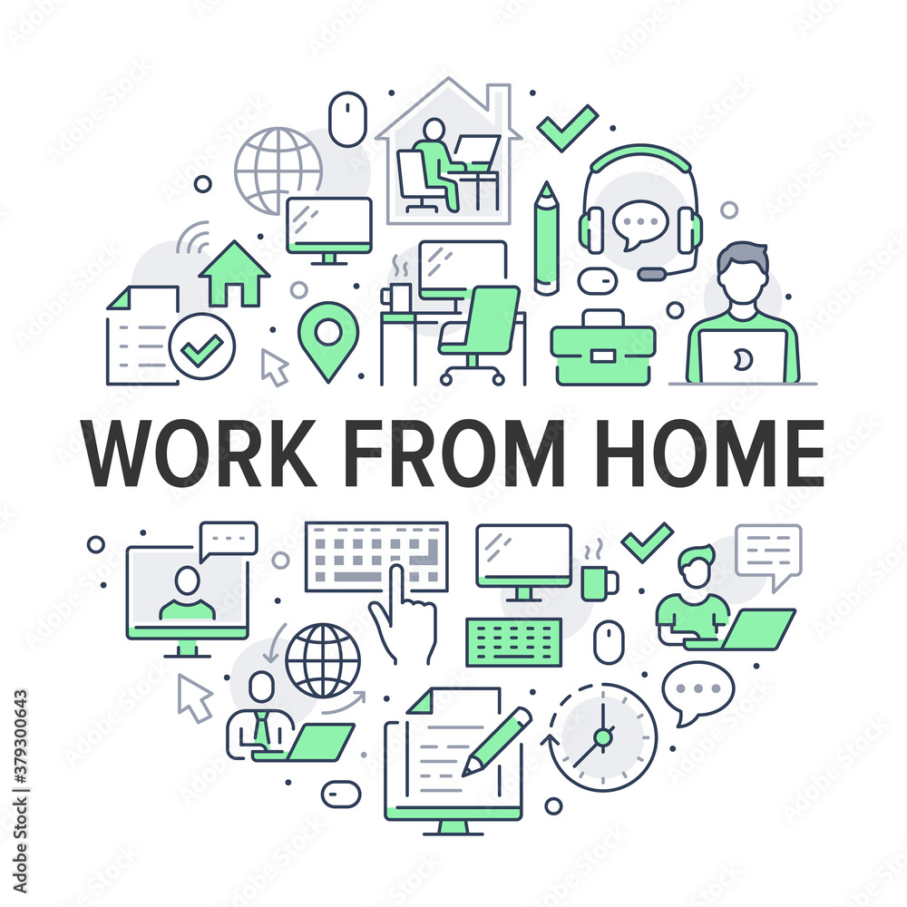 Work from home circle poster with line icons. Vector illustration ...