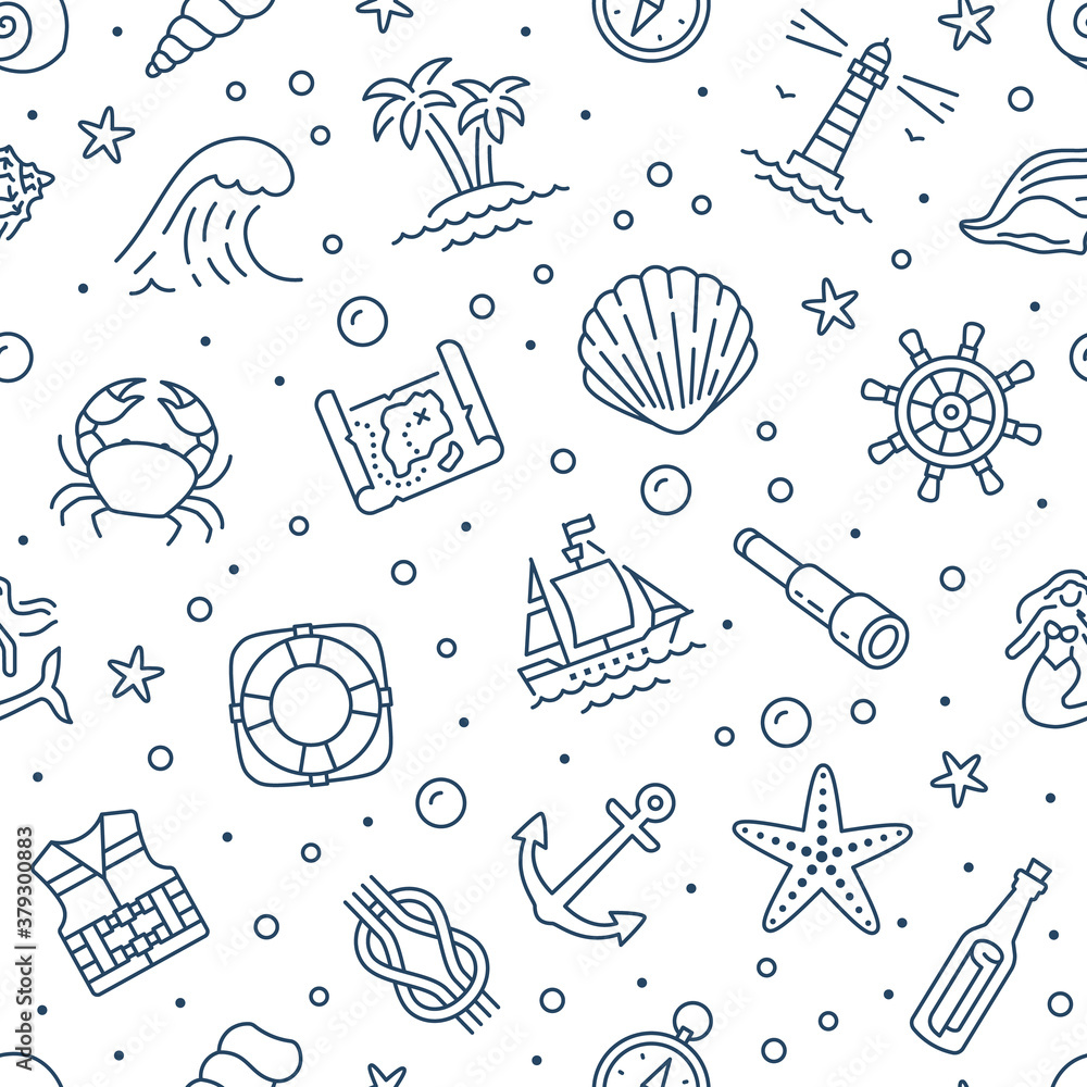 Marine seamless pattern with line icons. Vector background illustration ...