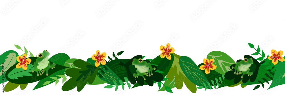 Frogs sitting on leaves seamless border. Repeating pattern with frog ...