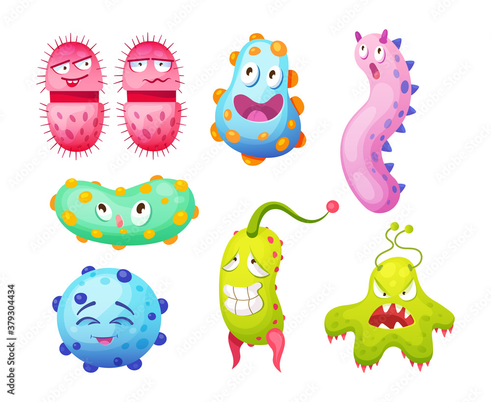 Microorganism, bacteria, microbes, cute germs, virus cell, bacillus ...