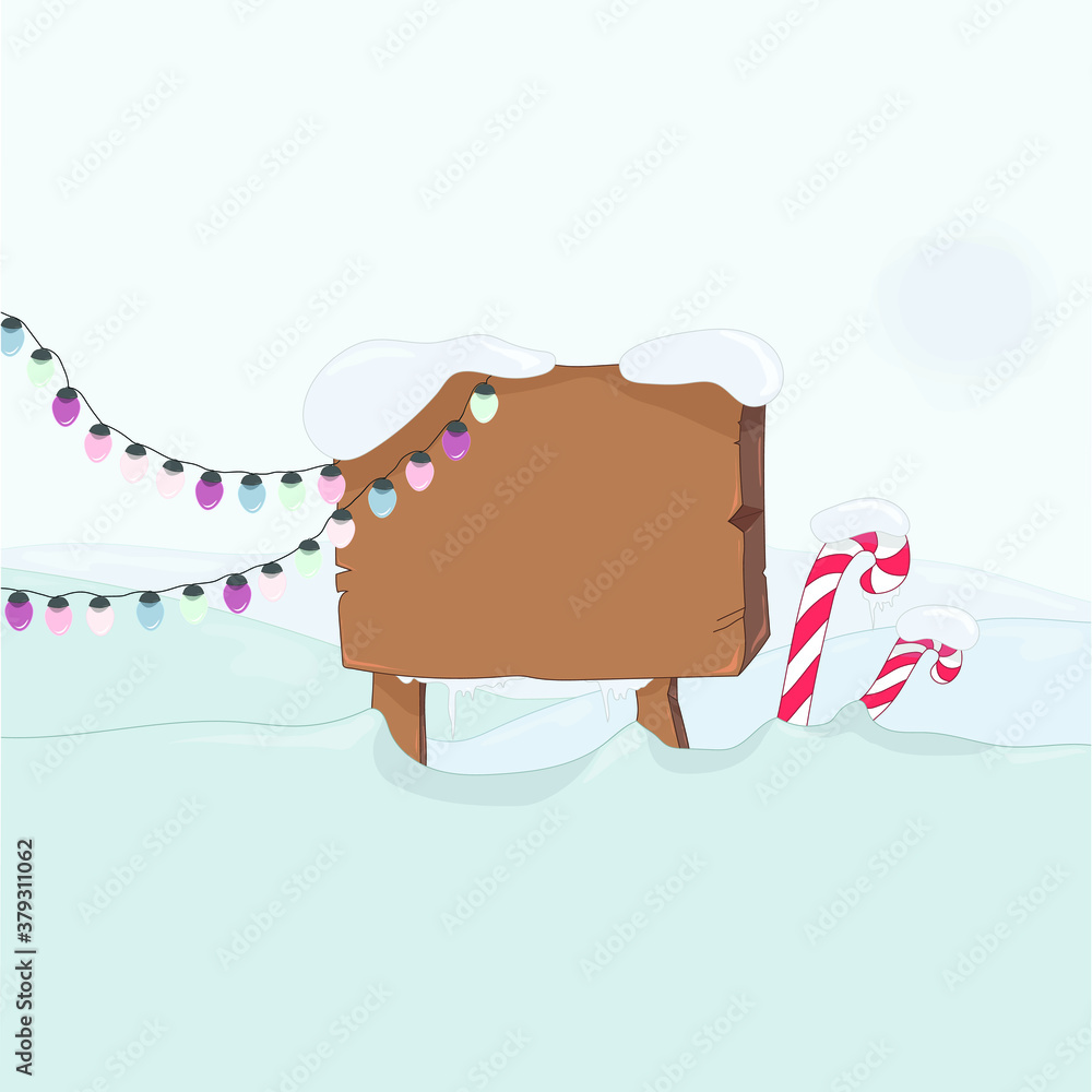 Cartoon winter landscape with big wood sign candy canes and lights ...